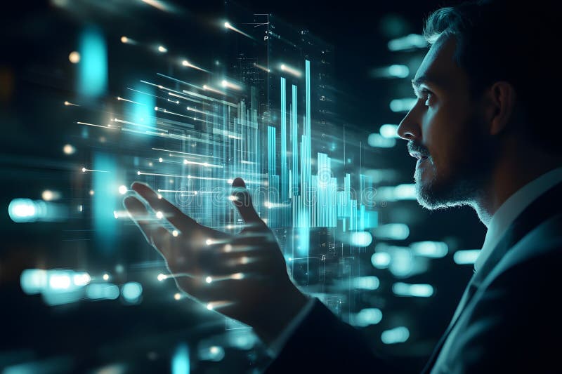 A Man Interacting with Holographic Data and Charts Stock Illustration ...