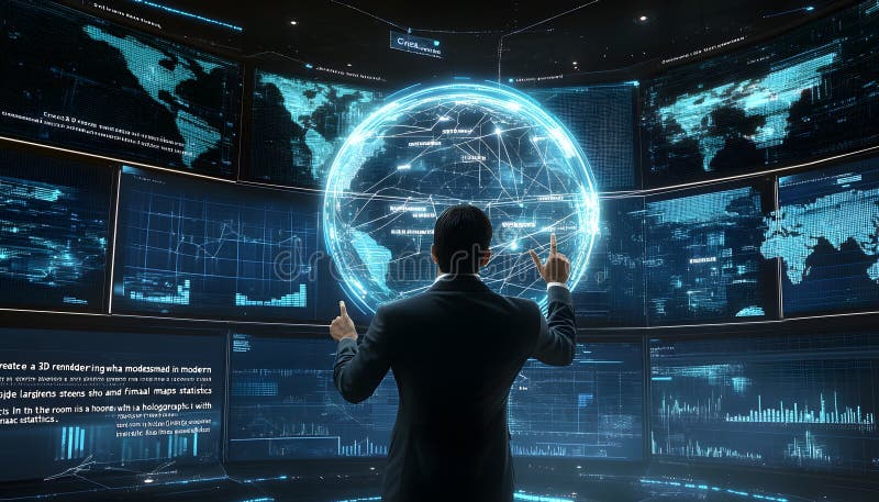 Man Interacting with Holographic Earth Display in a Modern Control Room ...