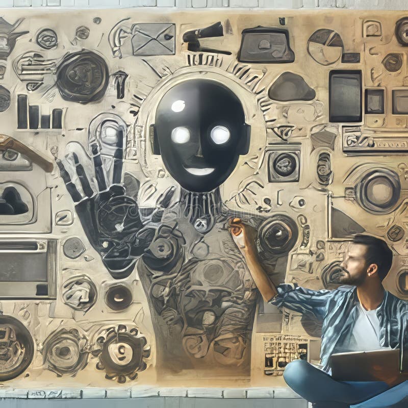 A Man Interacting with a Large Abstract Robotic Figure Created from ...