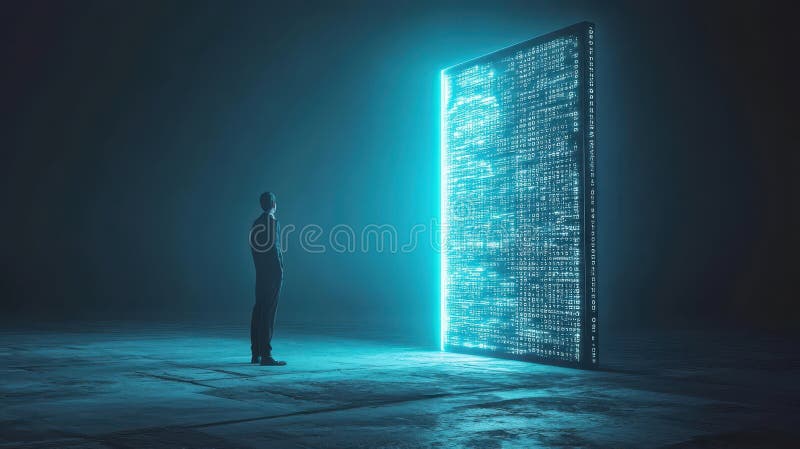 Man Interacting with Large Computer Screen Exploring Digital World of ...