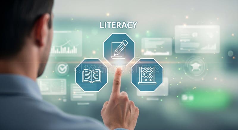 Man Interacting with Literacy Icons on a Screen Featuring Book Pencil ...