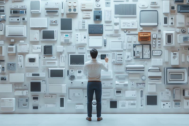 Man Interacting with Smart Home Technology Wall Stock Illustration ...