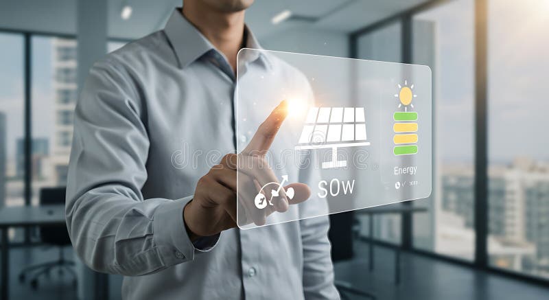 Man Interacting with Solar Panel Energy Interface Using Finger Touch ...