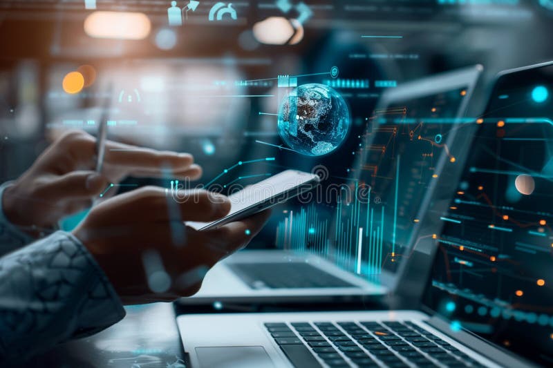 Man Interacting with Technology Laptop, Smartphone, Holographic Globe ...