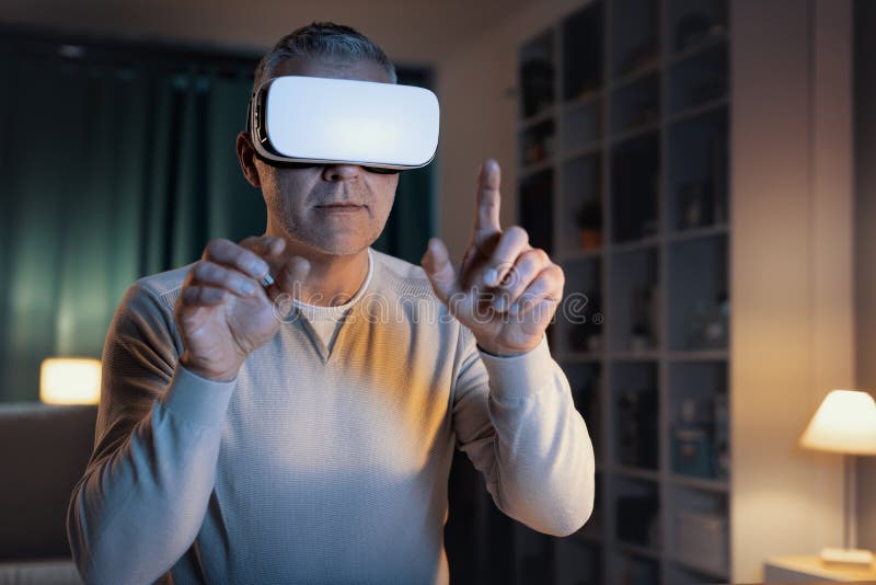 Man Interacting with Virtual Reality at Home Stock Photo - Image of ...
