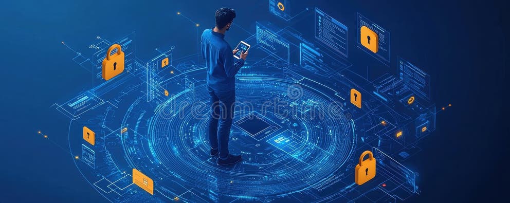 Man Interacting with Virtual Security Hologram in Advanced Technology ...