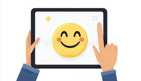 Man Interacting with a Virtual Touch Screen by Pressing a Smiley Face ...