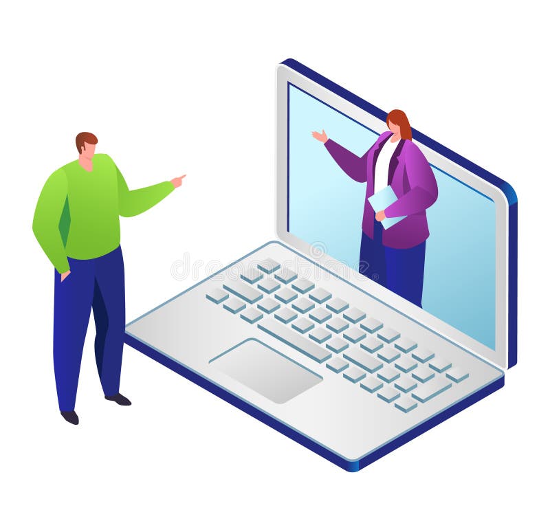 Man Interacting with a Woman through a Laptop Screen in Isometric ...