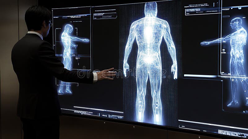 Man Interacts with Digital Human Anatomy Display in Modern Office Stock ...