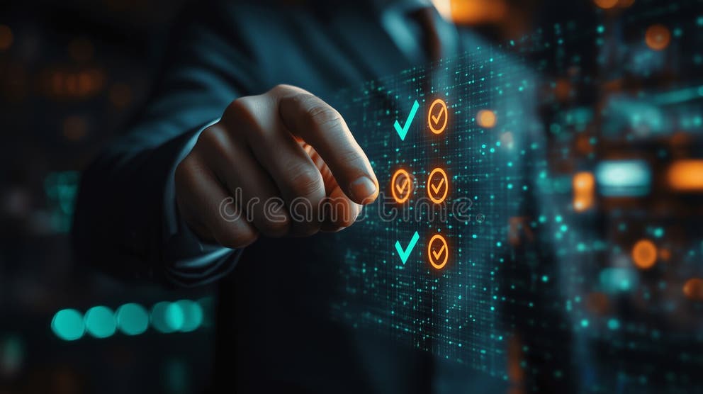 Man Pointing at Digital Check Marks on a Futuristic Interface Display ...