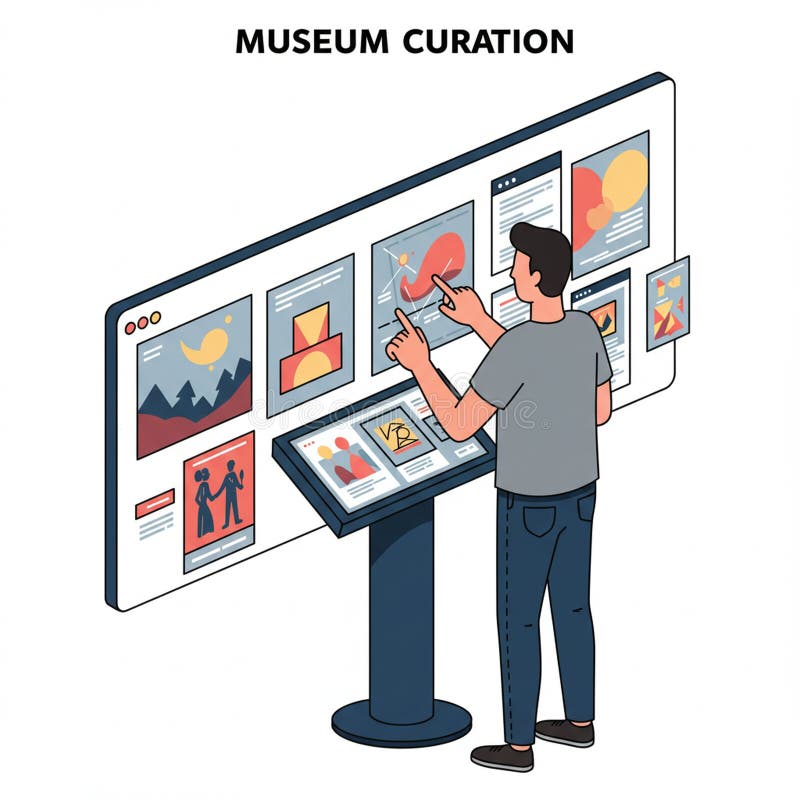 A Man Interacts with a Digital Museum Display. he Uses a Touch Screen ...