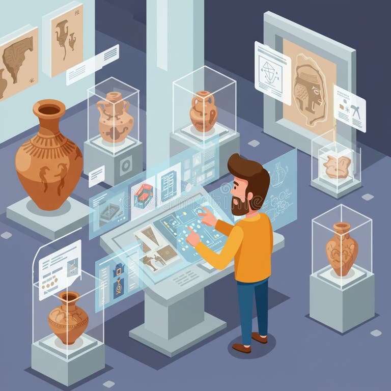 A Man Interacts with a Digital Touch Interface in a Futuristic Museum ...