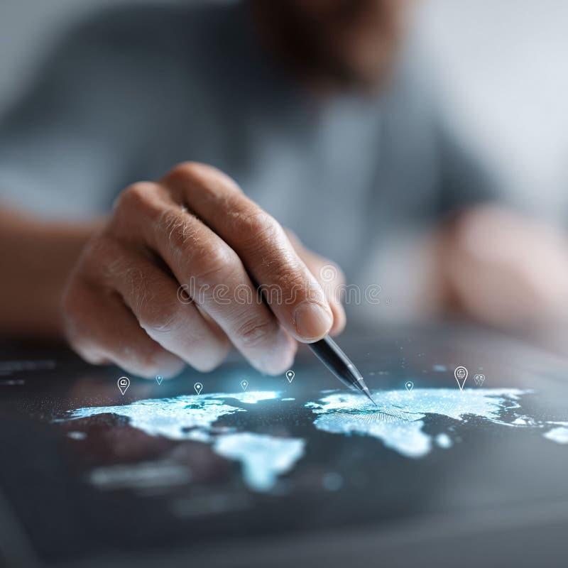 Man Interacts with Digital World Map on Screen, Using a Stylus. Concept ...