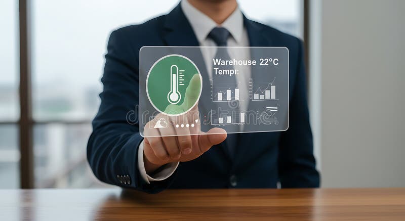 Man Interacts with Futuristic Temperature Interface in a Modern Office ...