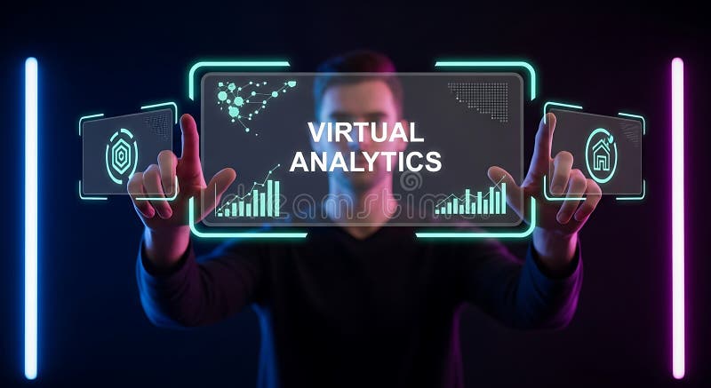 Man Interacts with Futuristic Virtual Analytics Display Immersive Technology and Data ...