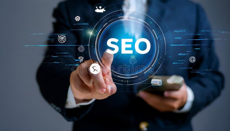 Man Interacts with Glowing SEO Interface, Touching Search and Globe ...