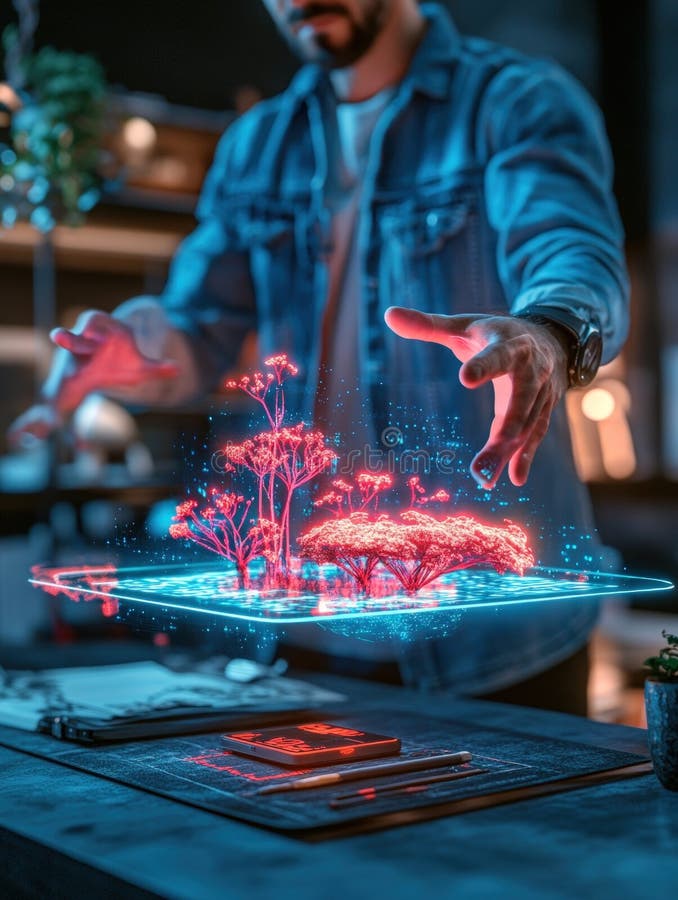 Man Interacting with Augmented Reality Plant Projection Stock ...
