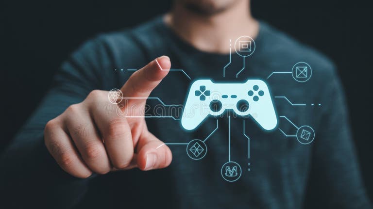 Gaming Technology Concept Man Touching Virtual Gamepad Controller ...