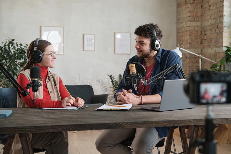 Man Interviewing a Woman at Radio Stock Image - Image of recording ...