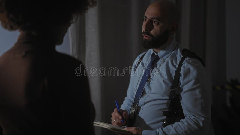 Man Interviews Silhouette of a Woman in a Dimly Lit Interrogation Room ...