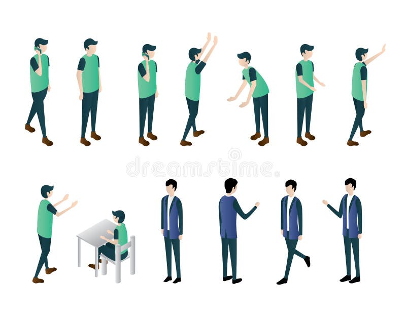 Man Isometric Illustration Vector Set, Walk Call Mobile Sit Stand Bend ...