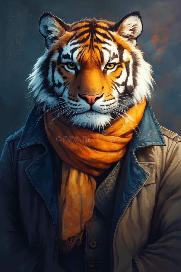 A Man in a Jacket and Scarf with a Tiger on His Head Stock Image ...
