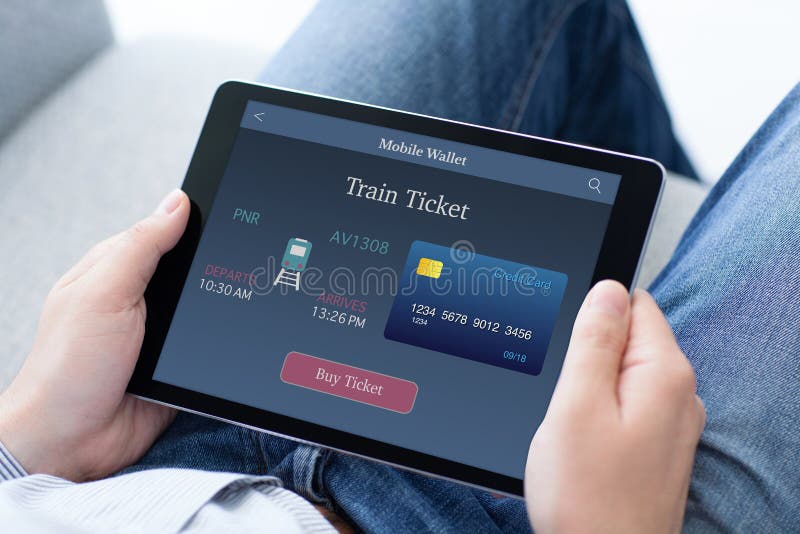 Man in Jeans Holding Tablet Computer with Online Train Ticket Stock ...