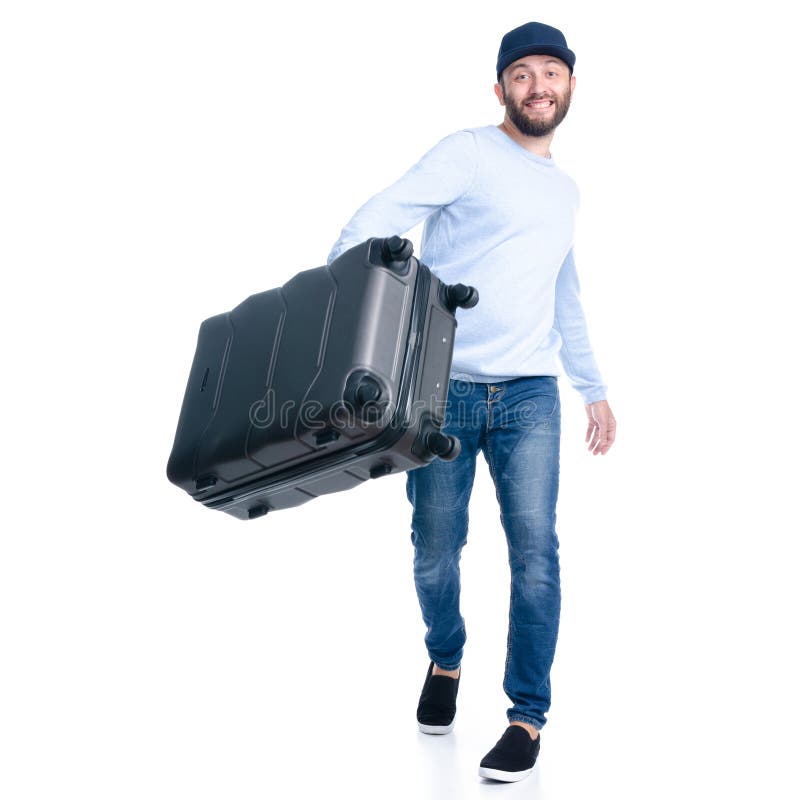Man in Jeans Holding Throws Travel Suitcase Standing Stock Photo ...