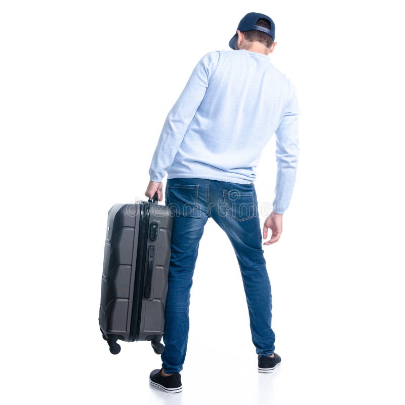 Man in Jeans Holding Travel Suitcase Standing Stock Image - Image of ...