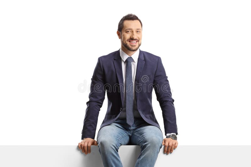 Man Jeans Sitting Panel Smiling Isolated White Background Stock Photos ...