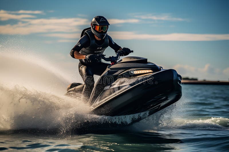 A Man on a Jet Ski in a Helmet Rides into the Sea in the Spray of Waves ...