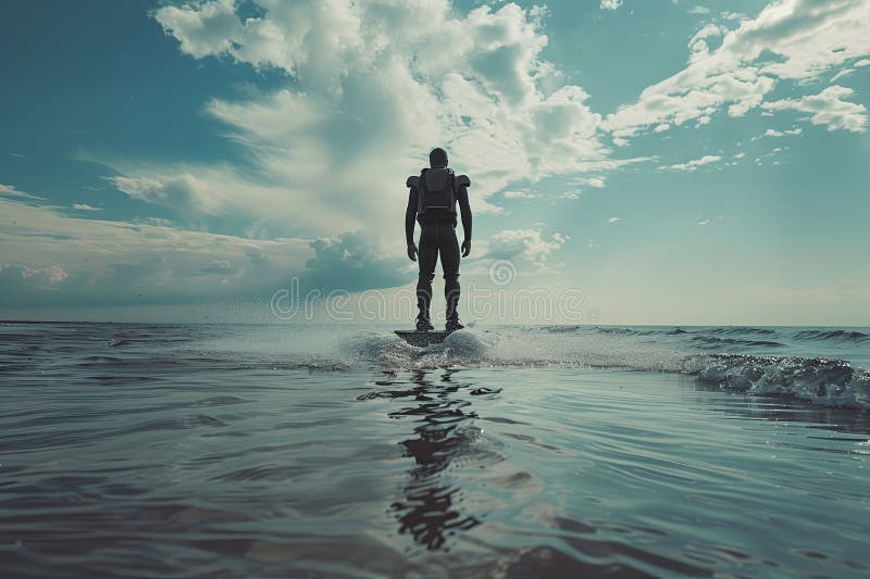 A Man in a Jetpack Stands on the Water, Creating Small Waves, with a ...