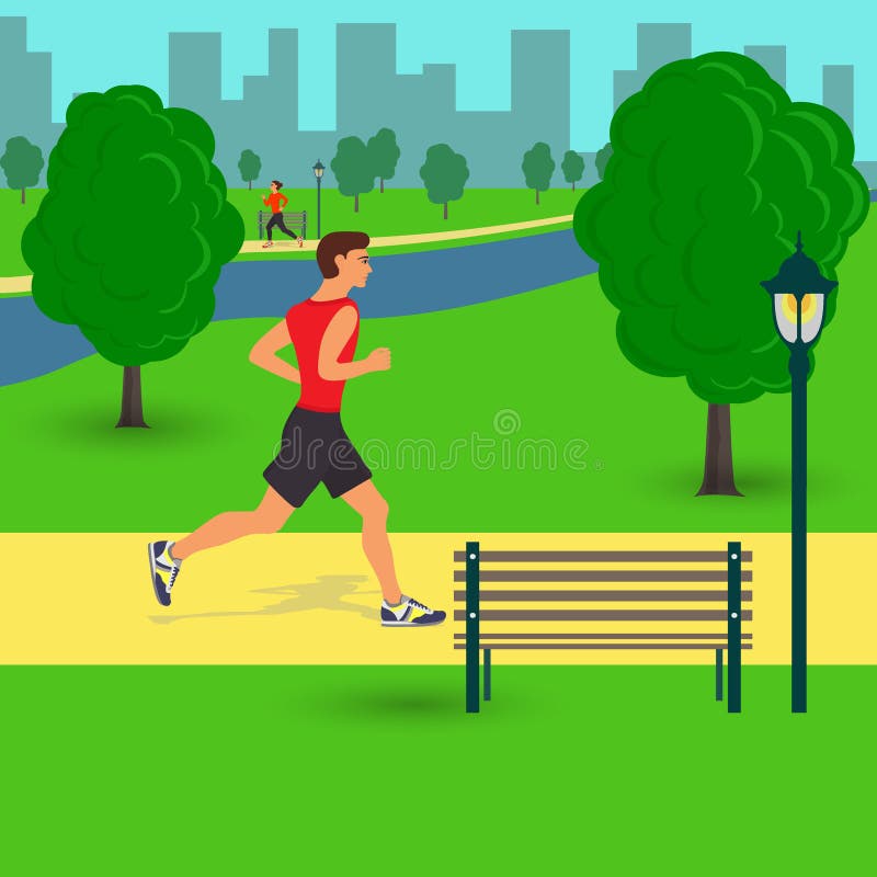 Man Jogging in City Park. Vector Flat Illustration. Stock Illustration ...