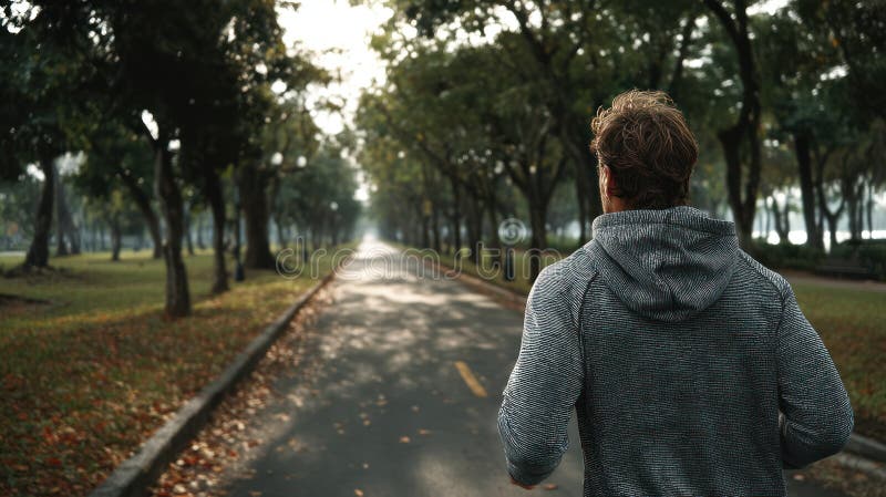 Man Jogging on Tree Lined Park Path with Soft Shadows and Open Space ...