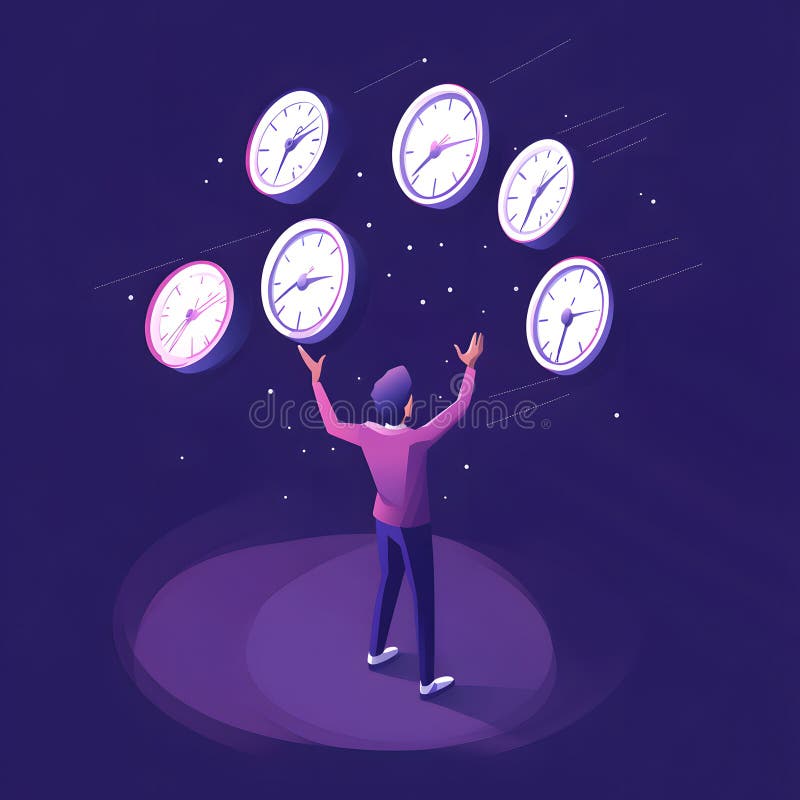 Man Juggling Clocks in a Surreal Setting Stock Illustration ...