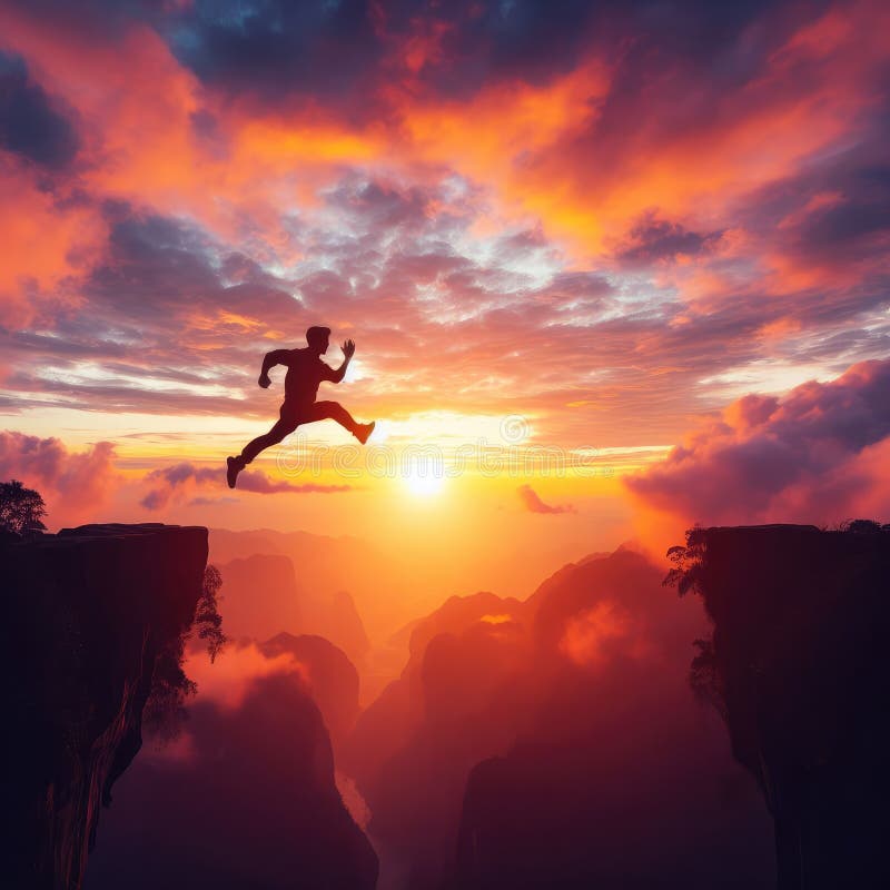 Man Jump through the Gap between Hill. Man Jumping Over Cliff Stock ...