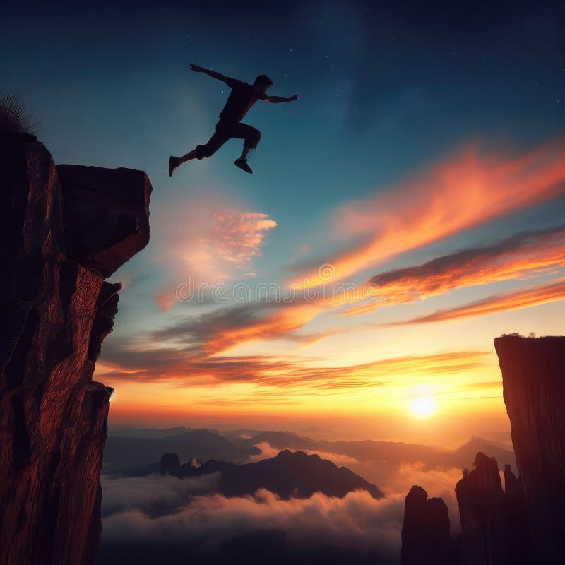 Man Jump through the Gap between Hill. Man Jumping Over Cliff Stock ...