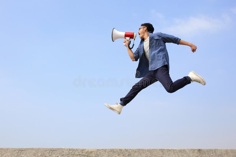 Man Jump and Shout Megaphone Stock Image - Image of communicate, scream ...
