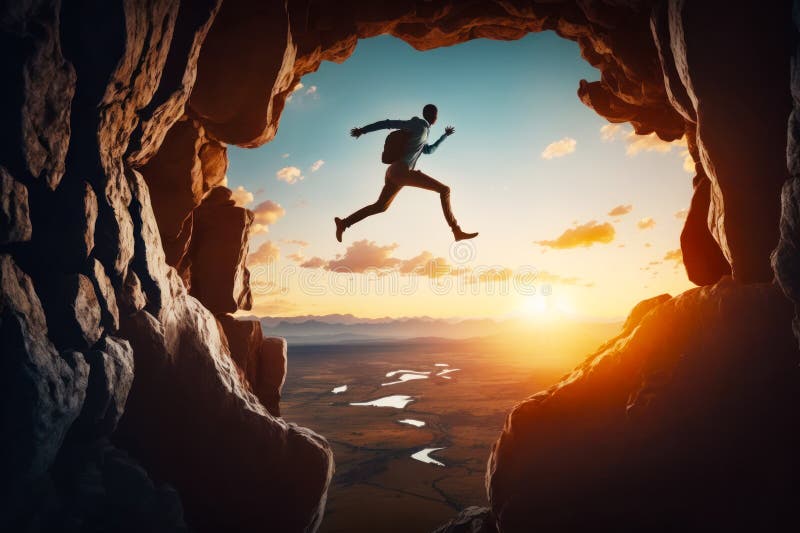 Man Jumping into the Air from Cave into River at Sunset. Generative AI ...