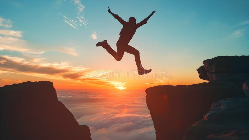 Man Jumping between Cliffs in Enthusiastic Success and Freedom Concept ...