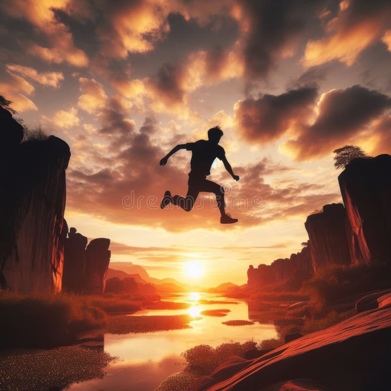 Man Jumping between Cliffs at Sunset Stock Image - Image of powerful ...