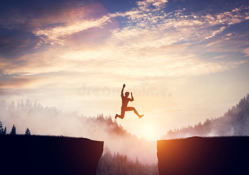 Man Jumping Over Precipice between Two Mountains Stock Photo - Image of ...