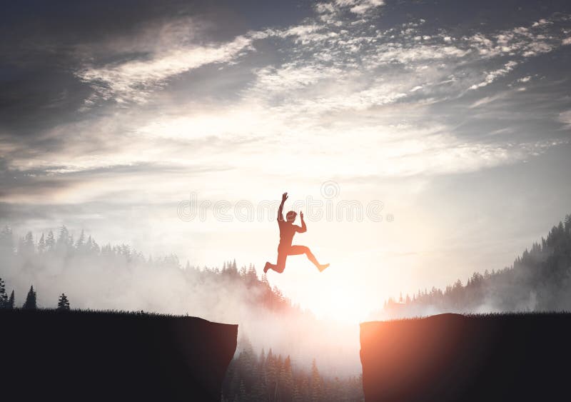Man Jumping Over Precipice between Two Mountains Stock Photo - Image of ...