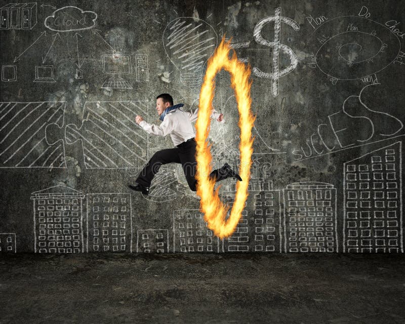 Man Jumping through Fire Hoop with Doodles Wall Stock Image - Image of ...
