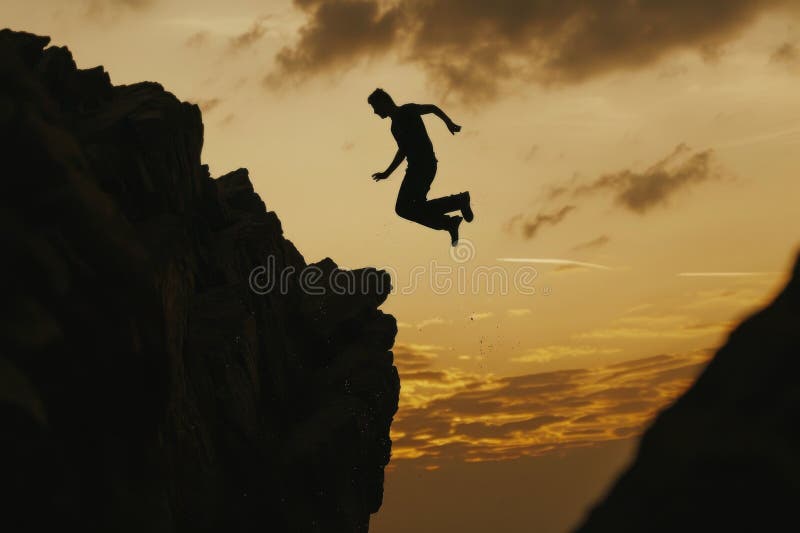Man Jumping Off Cliff into Air Stock Image - Image of suit, excitement ...