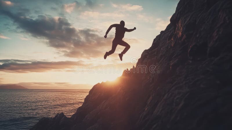 A Man Jumping Off a Cliff into the Ocean Stock Illustration ...