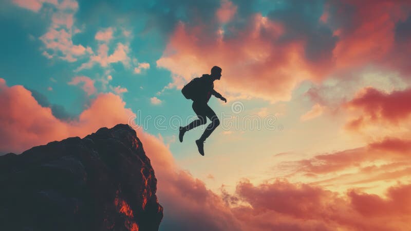 A Man Jumping Off a Cliff into the Sky Stock Illustration ...