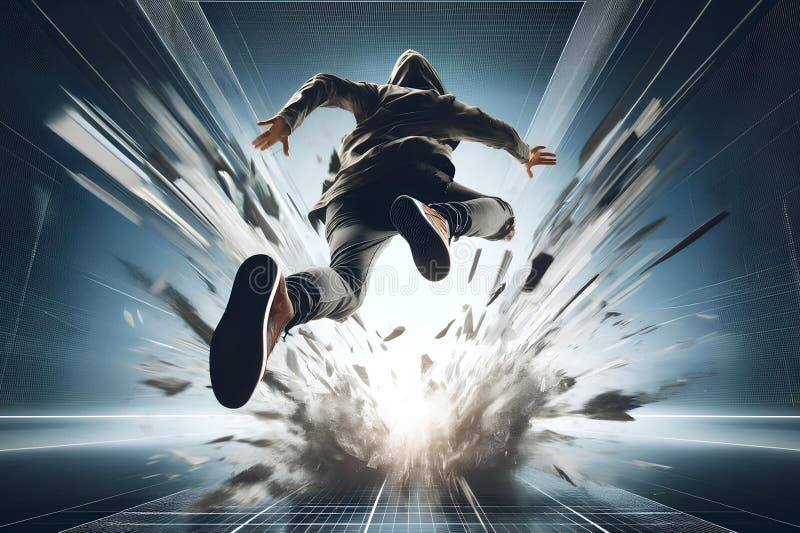 Man Jumping Out of Digital Screen Feet First, Virtual World Concept ...