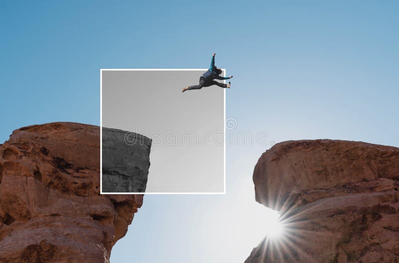 A Man Jumping Out of Monochrome Frame Crossing Cliff. Positive Thinking ...