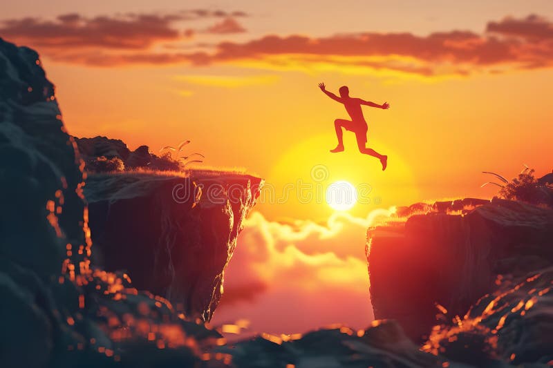 A Man Jumping Over the Chasm between Two Cliffs, with Sunset in ...